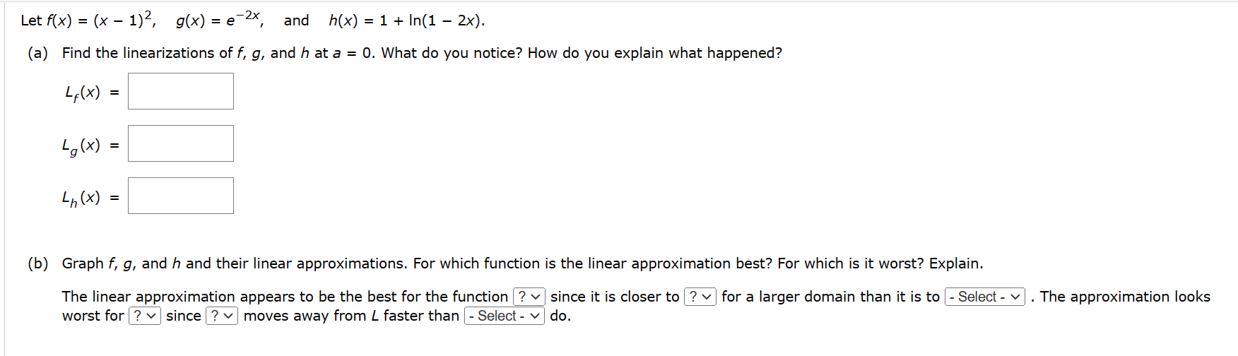 Solved Let f(x)=(x−1)2,g(x)=e−2x, and h(x)=1+ln(1−2x) (a) | Chegg.com