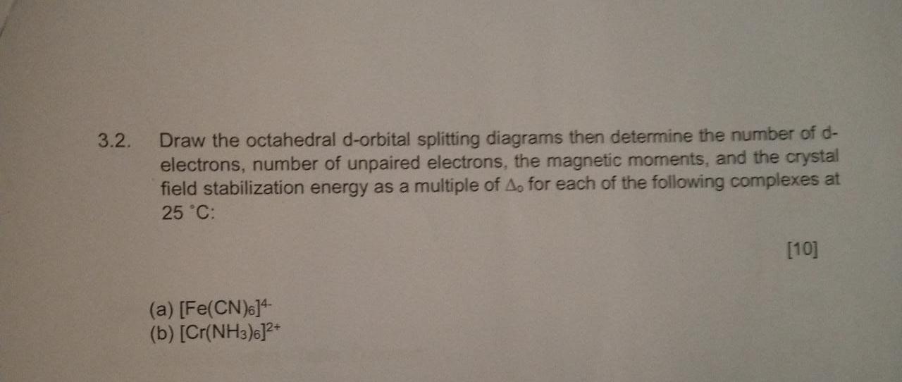 Solved 3.2. Draw the octahedral d-orbital splitting diagrams | Chegg.com