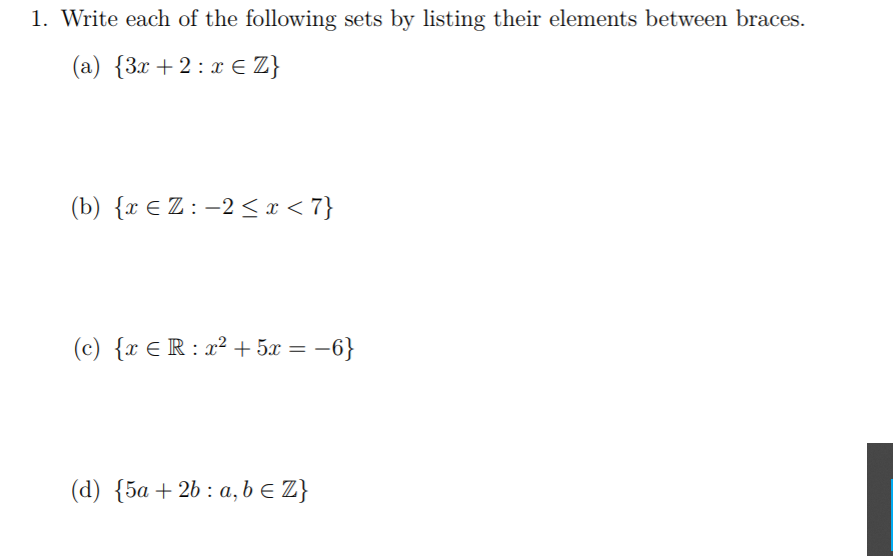 Solved 1. Write each of the following sets by listing their | Chegg.com