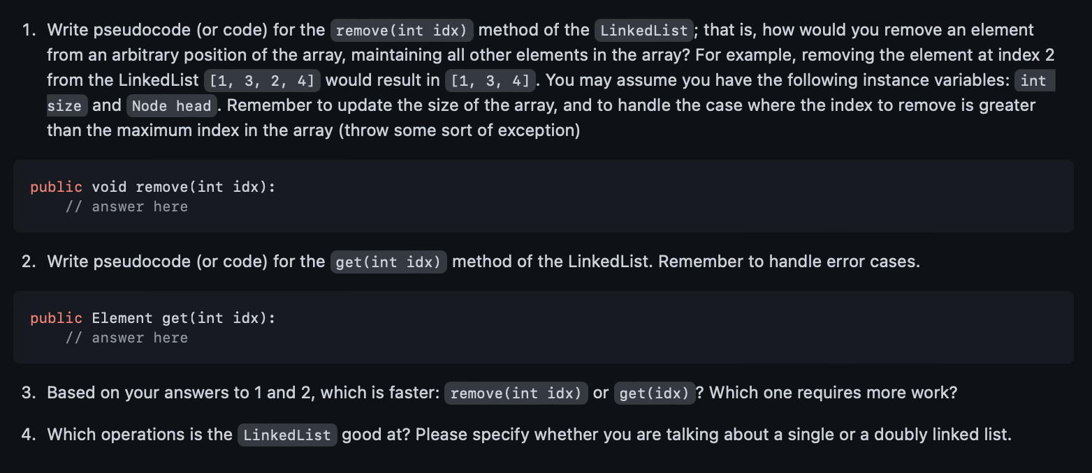 Solved 1. Write pseudocode (or code) for the remove(int idx) | Chegg.com