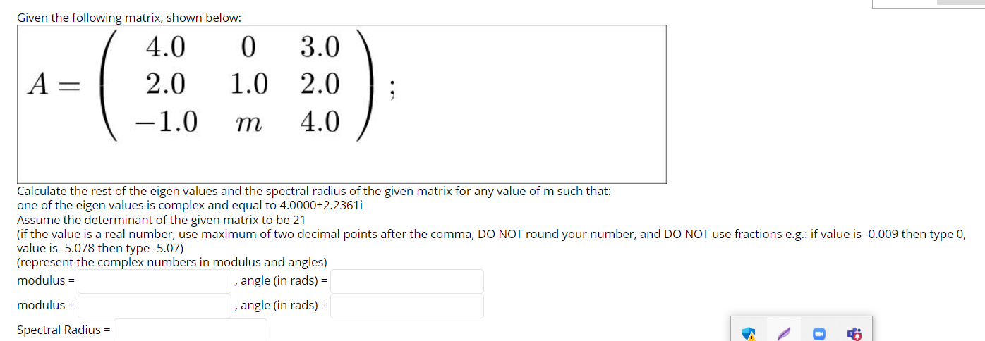 Solved Given the following matrix, shown below: 4.0 0 3.0 A | Chegg.com