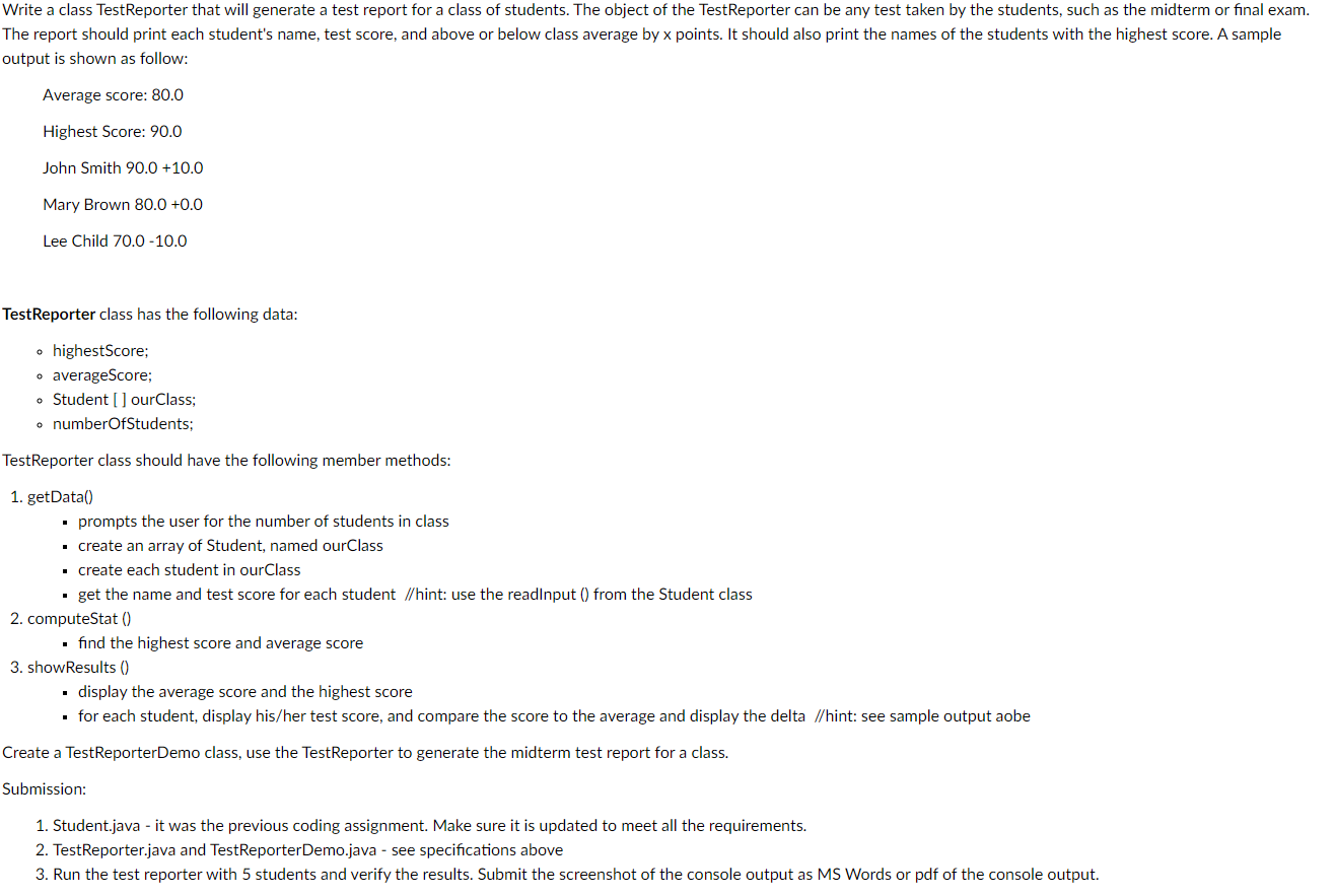 Write a class TestReporter that will generate a test | Chegg.com