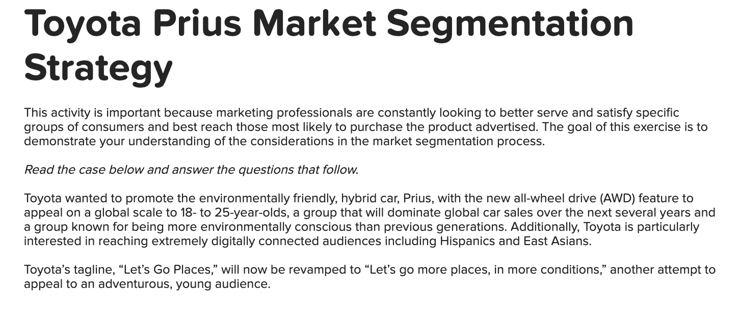 Solved Toyota Prius Market Segmentation Strategy This | Chegg.com