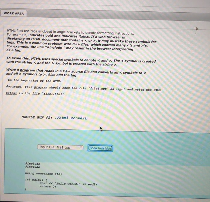 Solved WORK AREA HTML files use tags enclosed in angle | Chegg.com