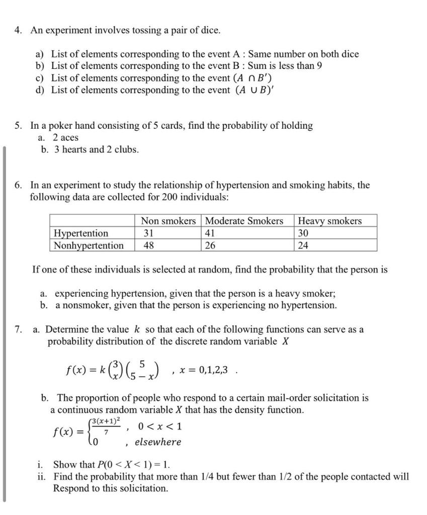 Solved 4. An experiment involves tossing a pair of dice. a) | Chegg.com