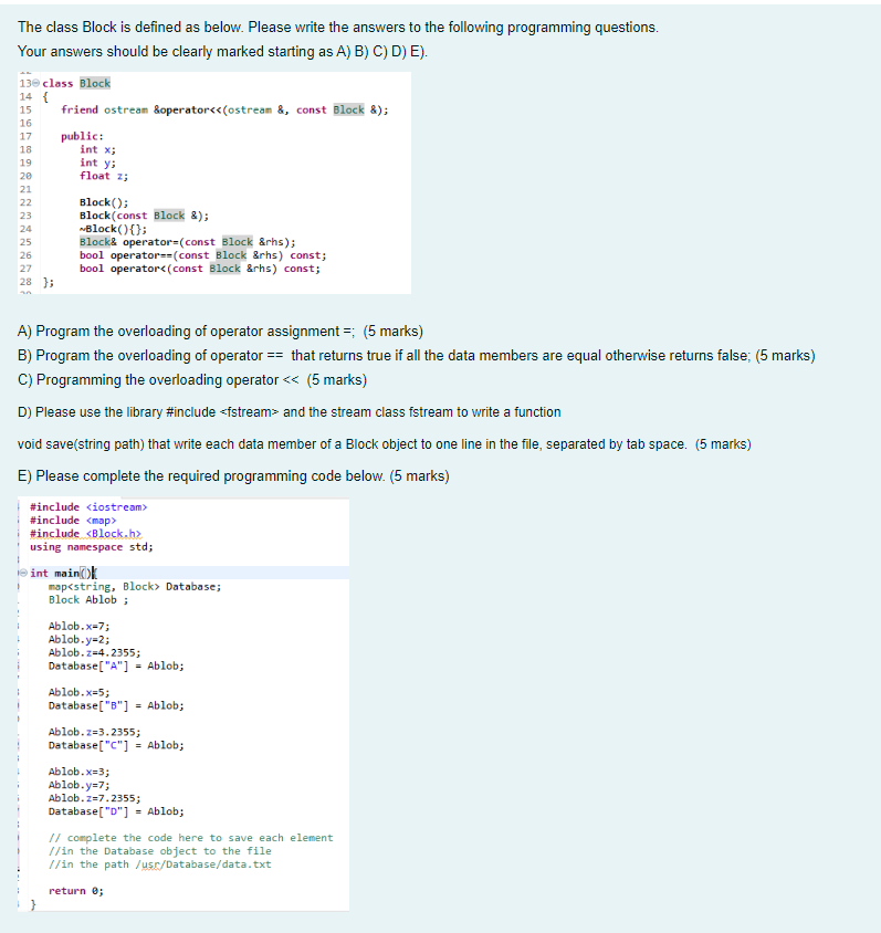 Solved The class Block is defined as below. Please write the | Chegg.com