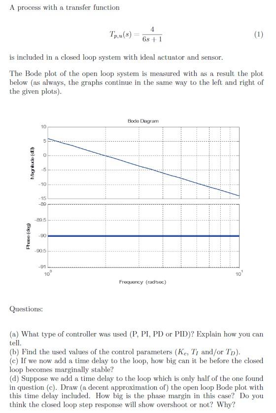 [Solved]: A process with a transfer function [ T_{p, u}(s