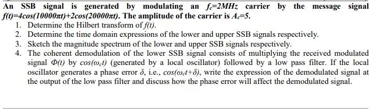 Solved An SSB signal is generated by modulating an f-2MHz | Chegg.com