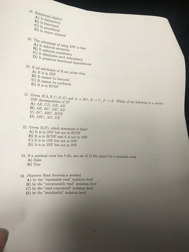 Solved 18. Relational algebra A) Is declarative B) Is | Chegg.com