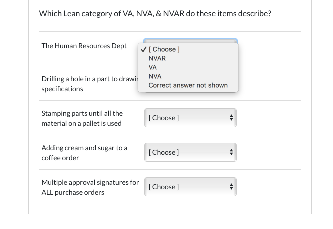 Solved Which Lean category of VA, NVA, & NVAR do these items | Chegg.com