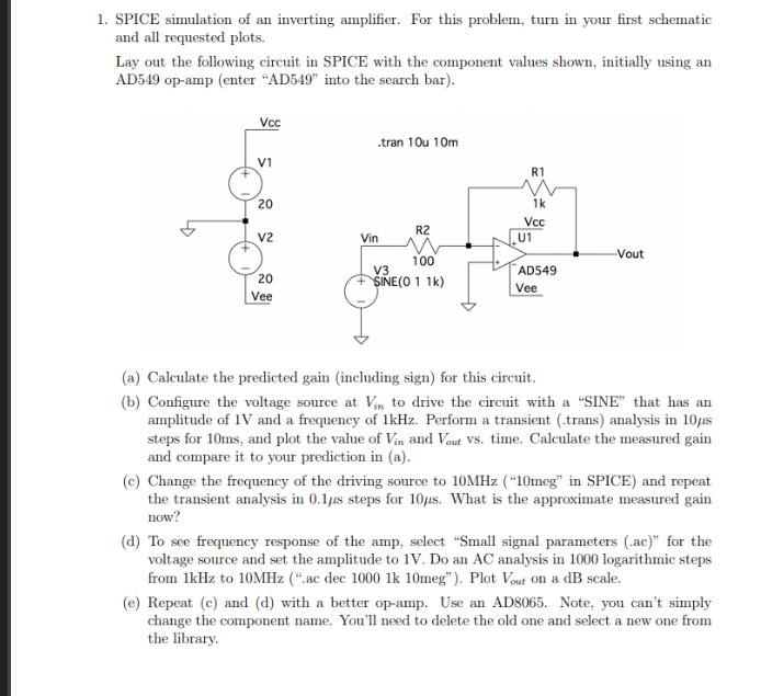 1. SPICE simulation of an inverting amplifier. For | Chegg.com