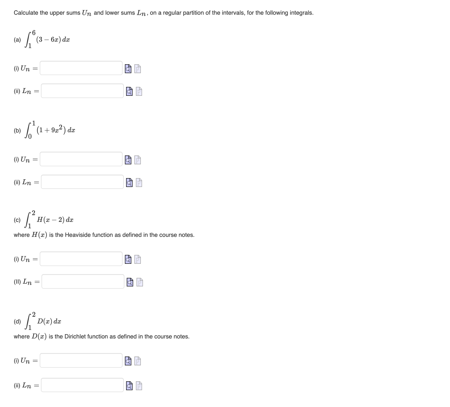 Calculate the upper sums Un and lower sums Ln, on a | Chegg.com