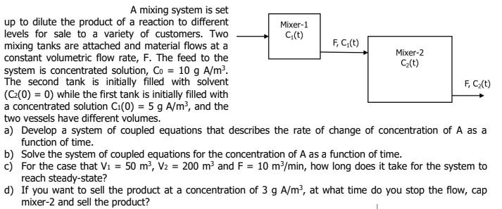 Solved Mixer-1 C₁(t) F, C₁(t) A mixing system is set up to | Chegg.com