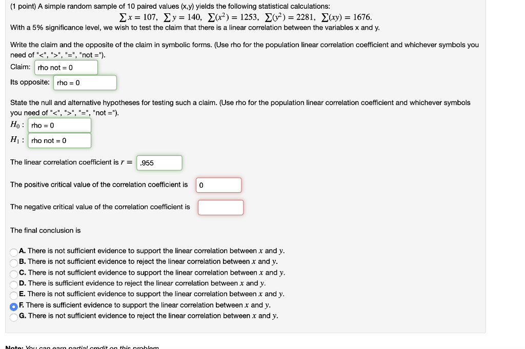 Solved (1 point) A simple random sample of 10 paired values | Chegg.com