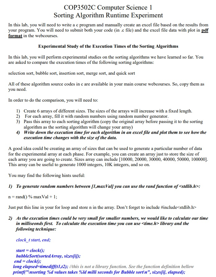 Solved COP3502C Computer Science 1 Sorting Algorithm Runtime | Chegg.com