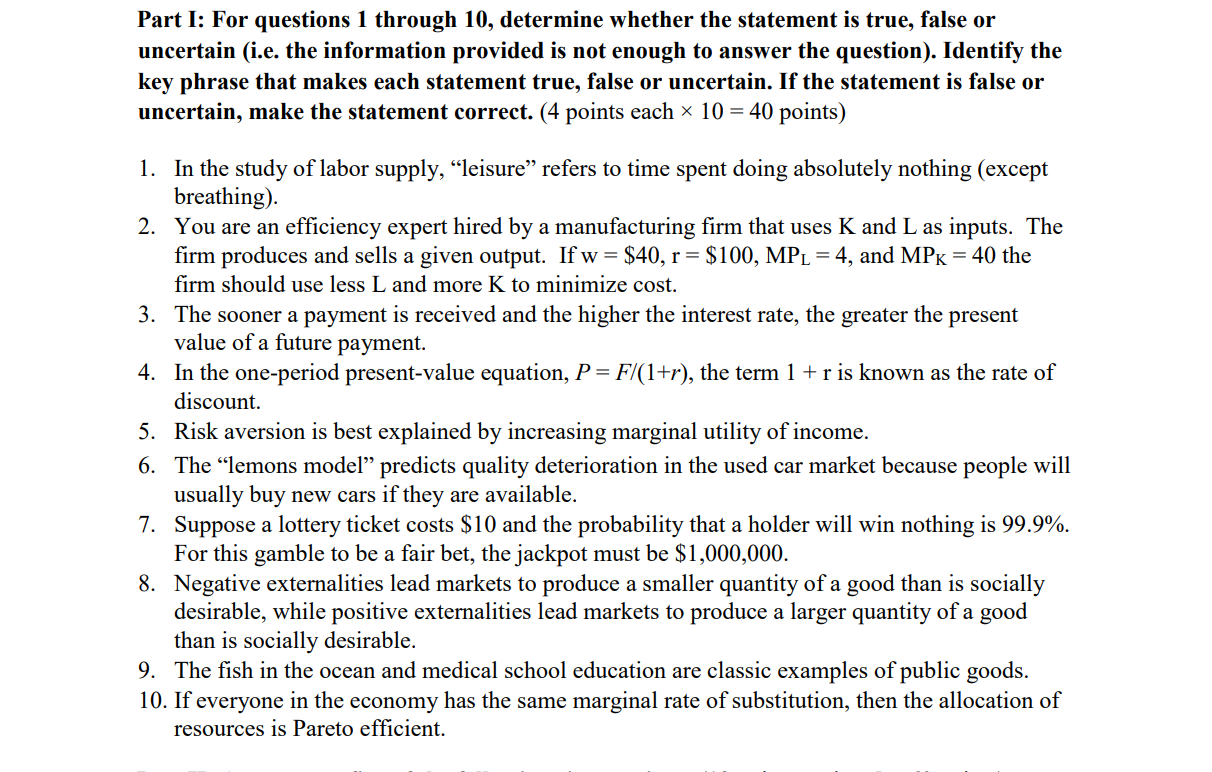 Solved Part I: For questions 1 through 10, determine whether | Chegg.com