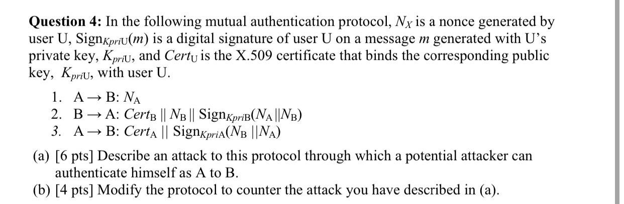 Question 4: In the following mutual authentication | Chegg.com
