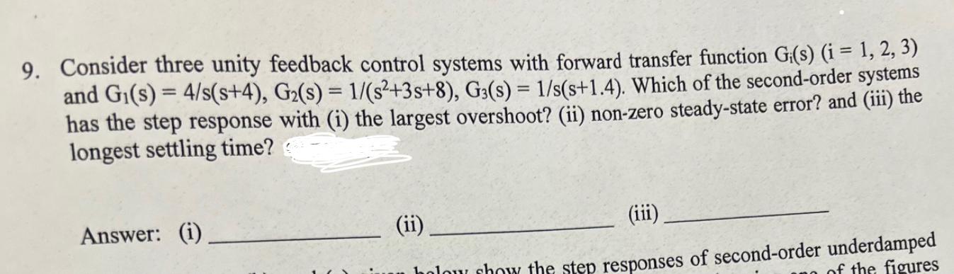 Solved = 9. Consider three unity feedback control systems | Chegg.com