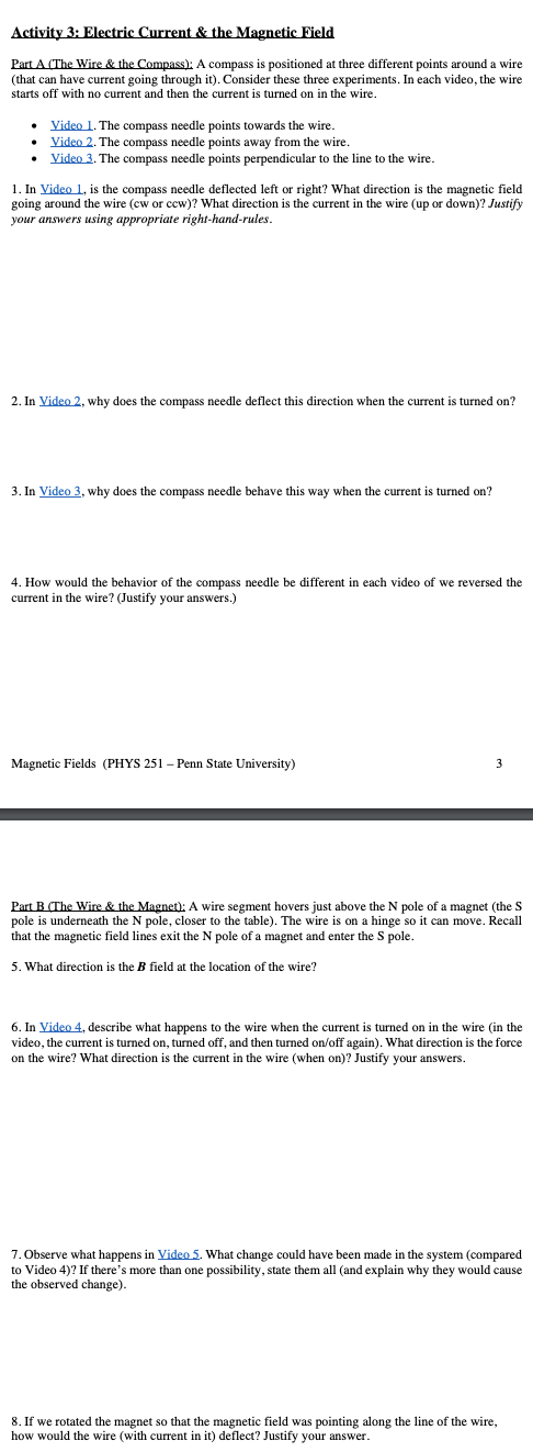 Activity 3: Electric Current & the Magnetic Field | Chegg.com