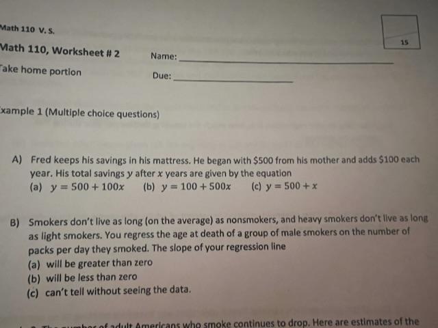 Solved Math 110 V, s. Wath 110, Worksheet #2 Name: ake home | Chegg.com