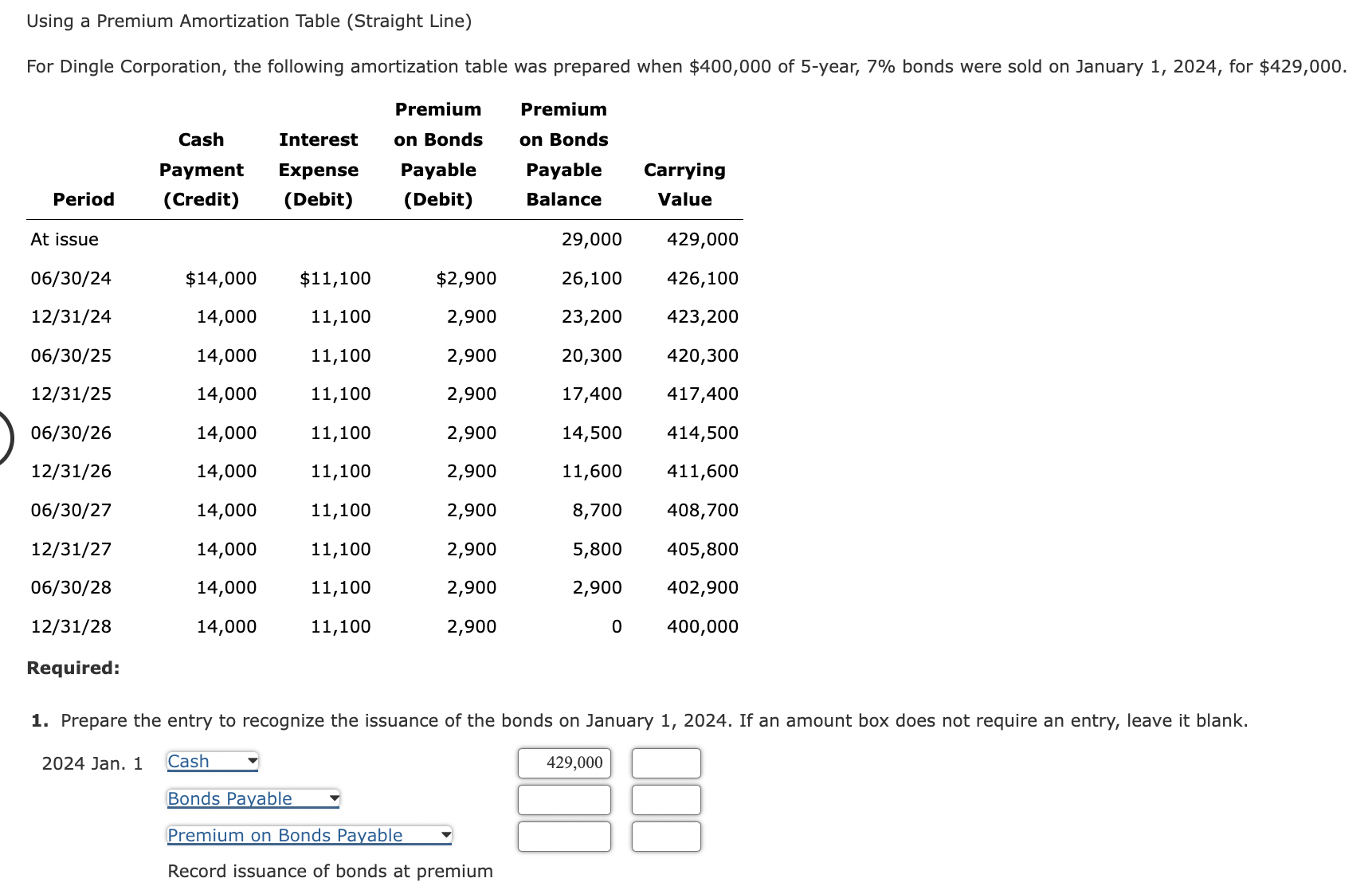 Solved Using a Premium Amortization Table (Straight Line) | Chegg.com