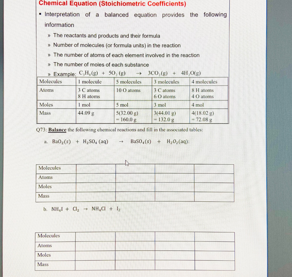 Solved Chemical Equation (Stoichiometric Coefficients) • | Chegg.com