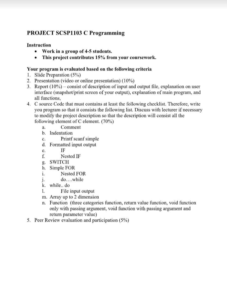 Solved PROJECT SCSP1103 C Programming Instruction Work in a | Chegg.com