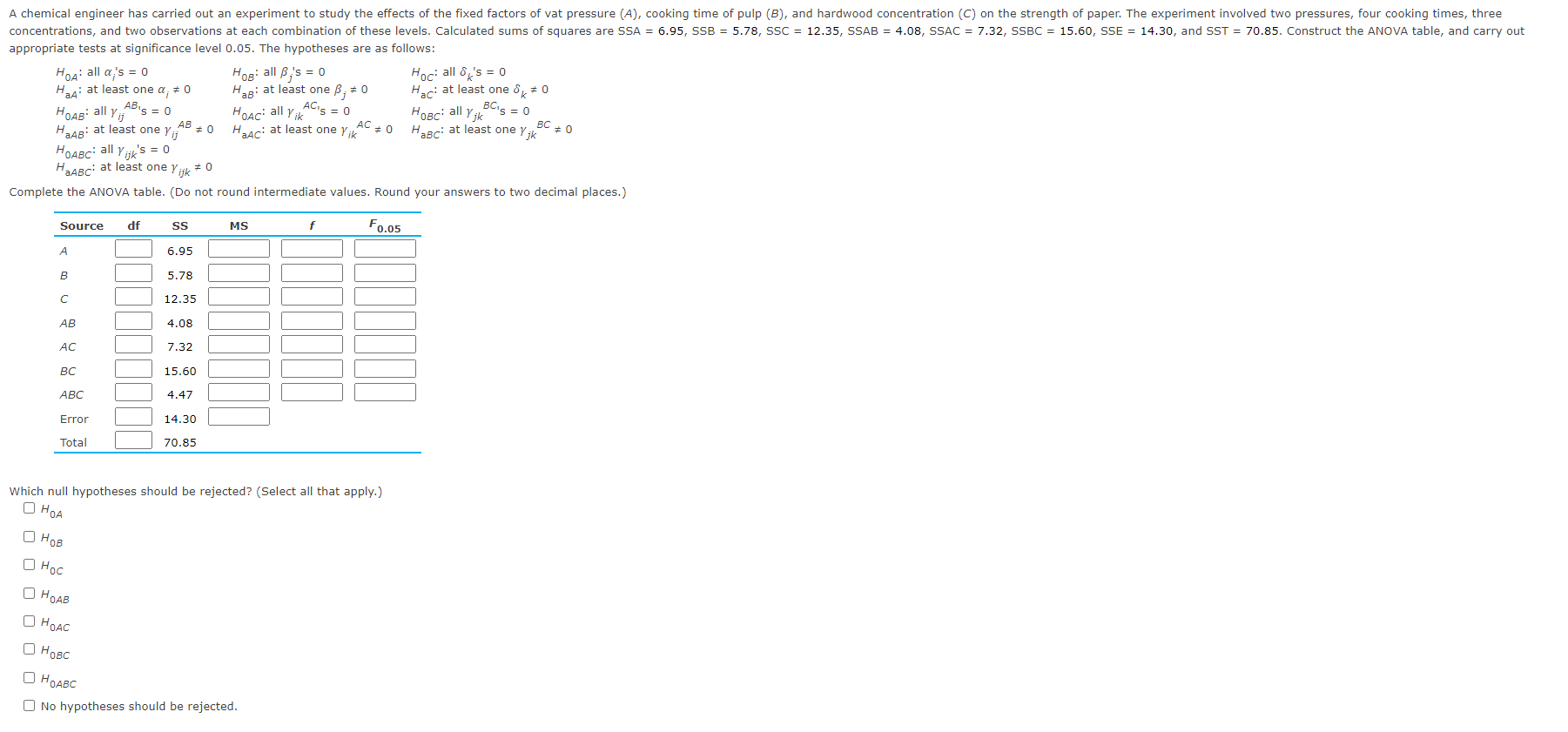 Solved Which null hypotheses should be rejected? (Select all | Chegg.com