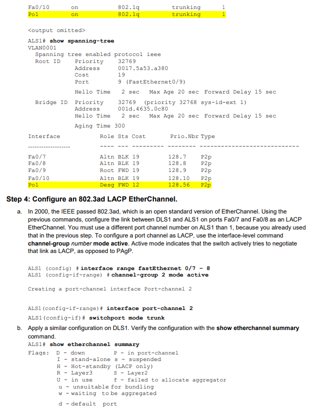 Solved Configuring EtherChannel Topology DLS1 DLS2 Fa0/11 | Chegg.com