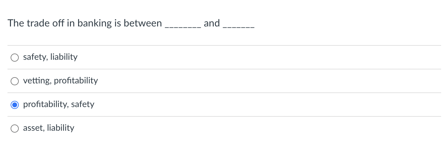 Solved The trade off in banking is between and safety, | Chegg.com