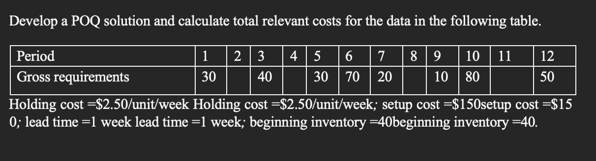 Solved Develop a POQ solution and calculate total relevant | Chegg.com