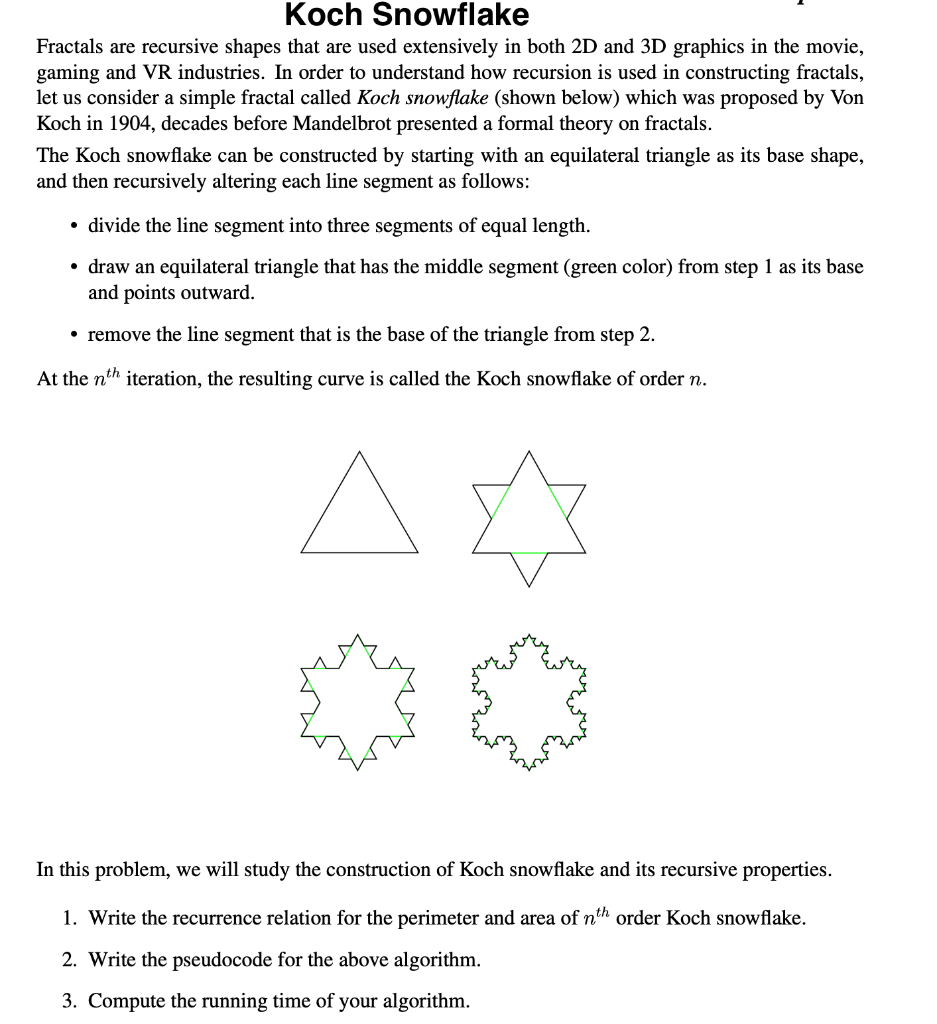 Koch Snowflake Fractals are recursive shapes that are | Chegg.com