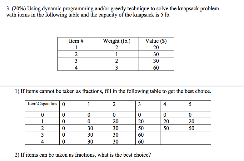Solved 3. (20%) Using dynamic programming and/or greedy | Chegg.com
