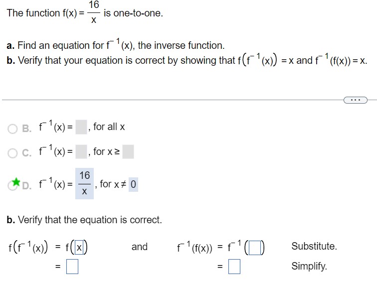 Solved The function f(x)=x16 is one-to-one. a. Find an | Chegg.com