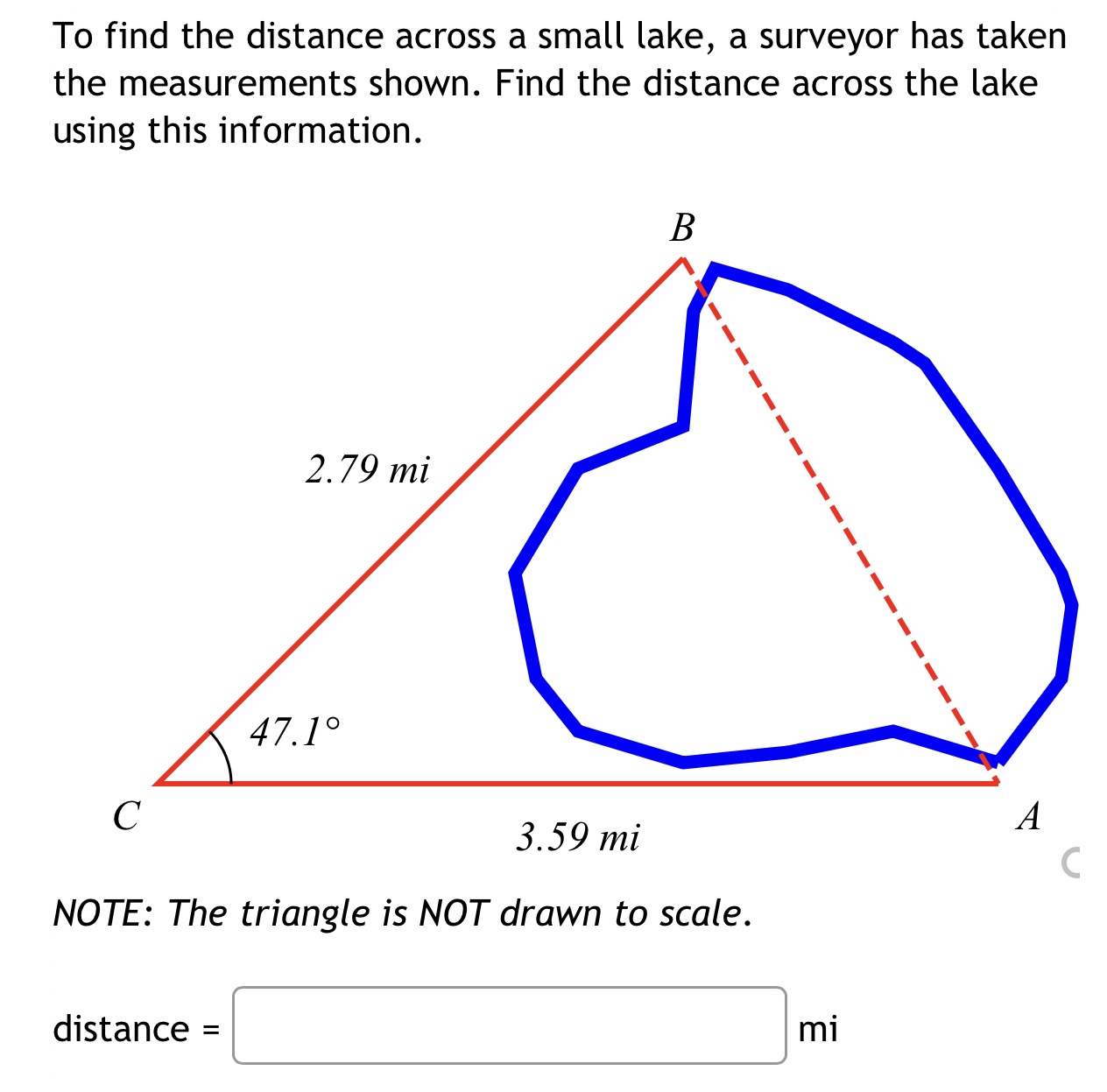Solved To find the distance across a small lake, a surveyor | Chegg.com