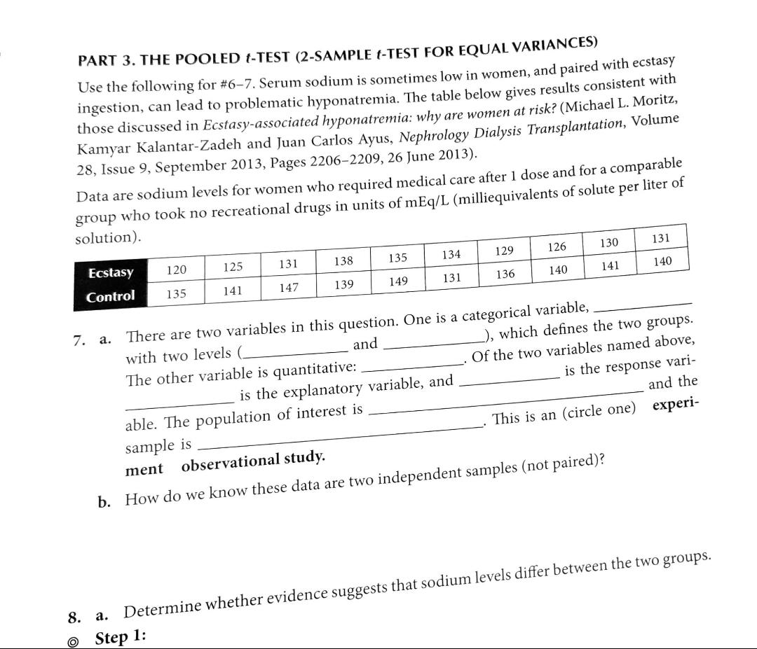 PART 3. THE POOLED t-TEST (2-SAMPLE t-TEST FOR EQUAL | Chegg.com