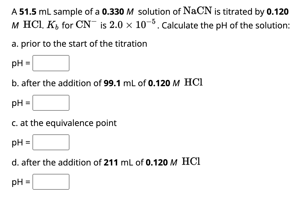 Solved A 51.5 mL sample of a 0.330M solution of NaCN is | Chegg.com