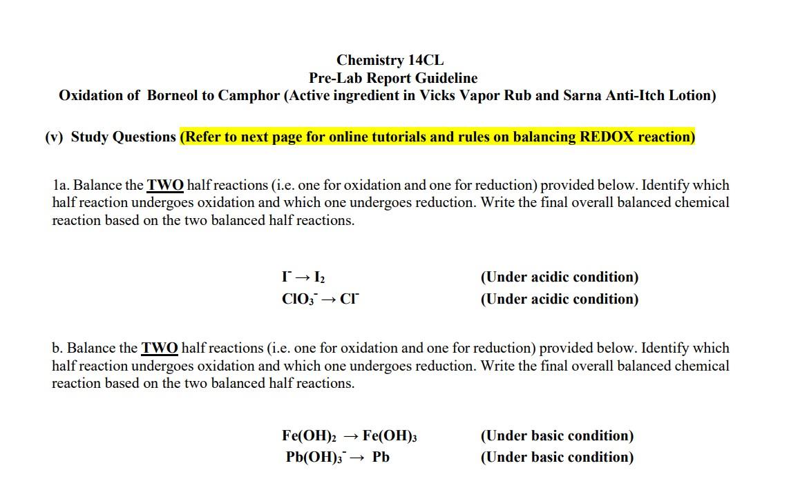 Solved Chemistry 14CL Pre-Lab Report Guideline Oxidation of | Chegg.com