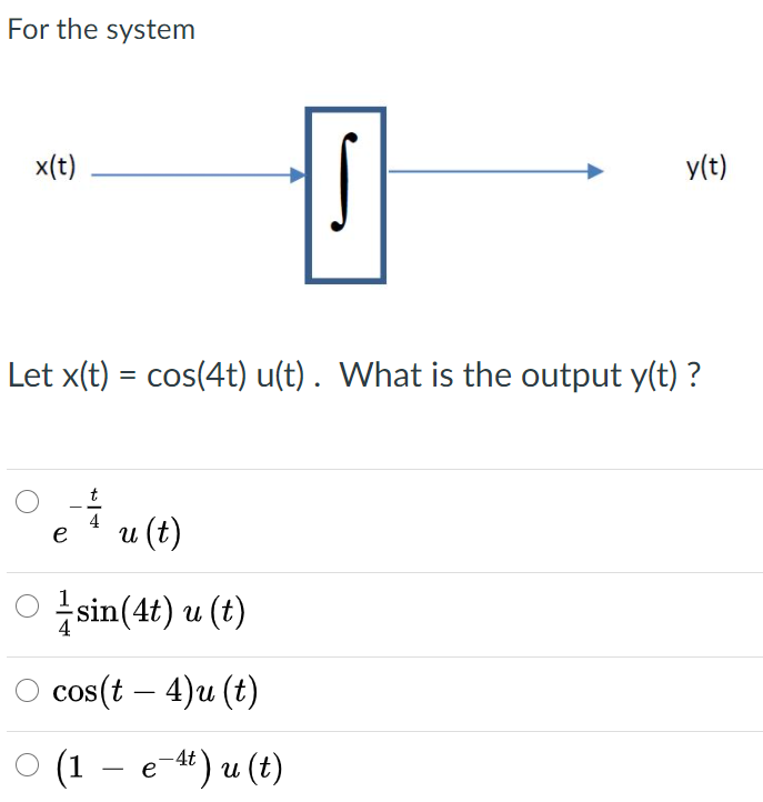 Solved For the system x(t) s y(t) Let x(t) = cos(4t) u(t). | Chegg.com