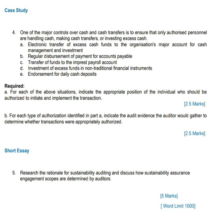 Solved Case Study 4. One of the major controls over cash and | Chegg.com
