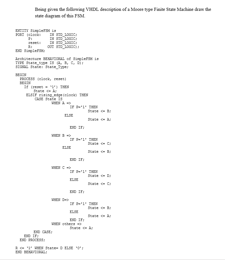 Solved Being given the following VHDL description of a Moore | Chegg.com