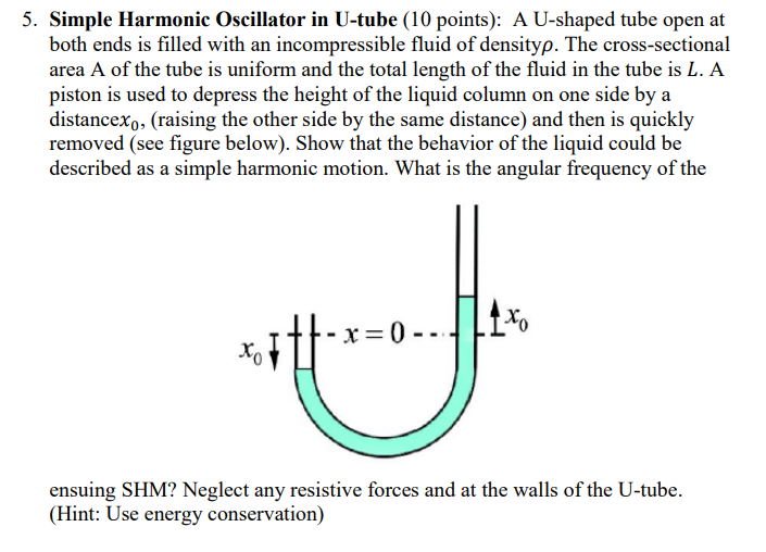 Solved Simple Harmonic Oscillator in U-tube (10 points): A | Chegg.com