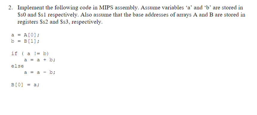 Solved 2 Implement The Following Code In Mips Assembly 