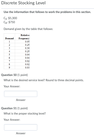 Solved Discrete Stocking Level Use the information that | Chegg.com