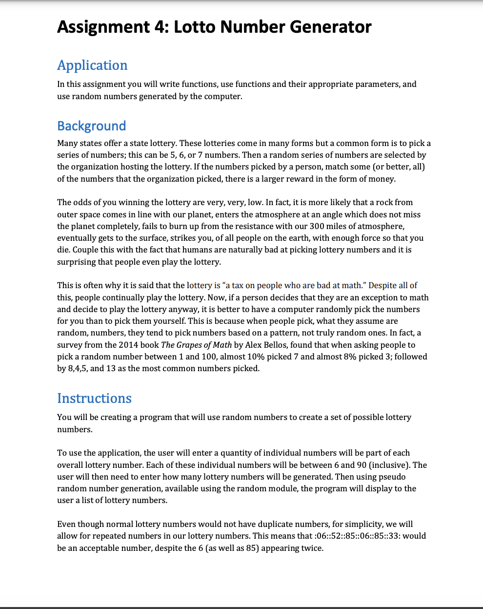 Solved Assignment 4: Lotto Number Generator Application In | Chegg.com