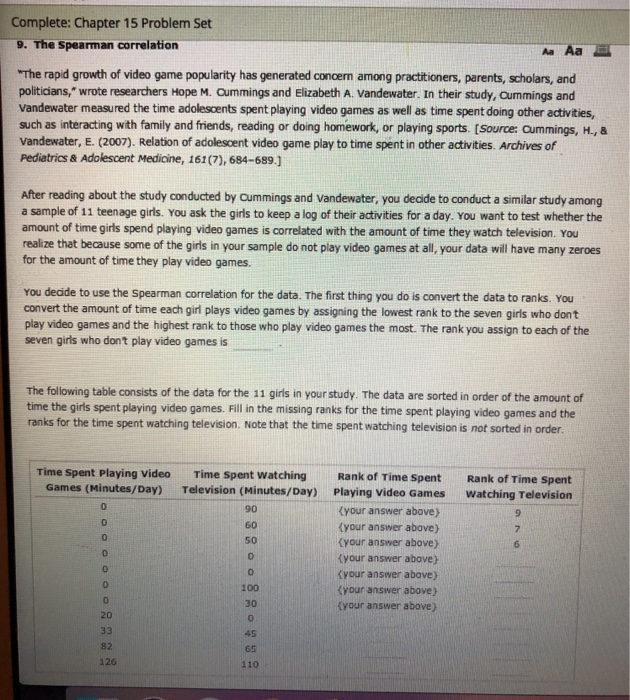 Solved Complete: Chapter 15 Problem Set 9. The Spearman | Chegg.com