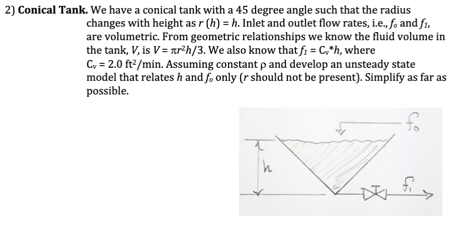 Solved We have a conical tank with a 45 degree angle such | Chegg.com