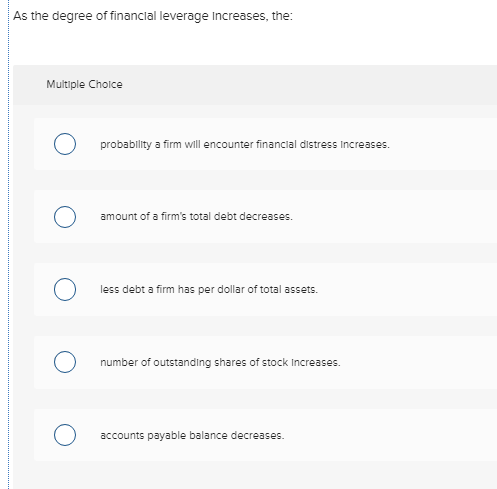 Solved As the degree of financial leverage increases,the | Chegg.com