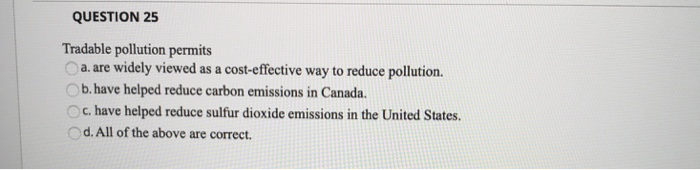 Solved QUESTION 25 Tradable pollution permits a. are widely | Chegg.com