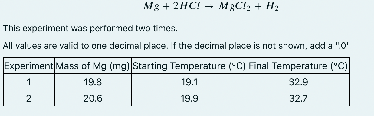 Solved Mg + 2HCl → MgCl2 + H2 This experiment was performed | Chegg.com